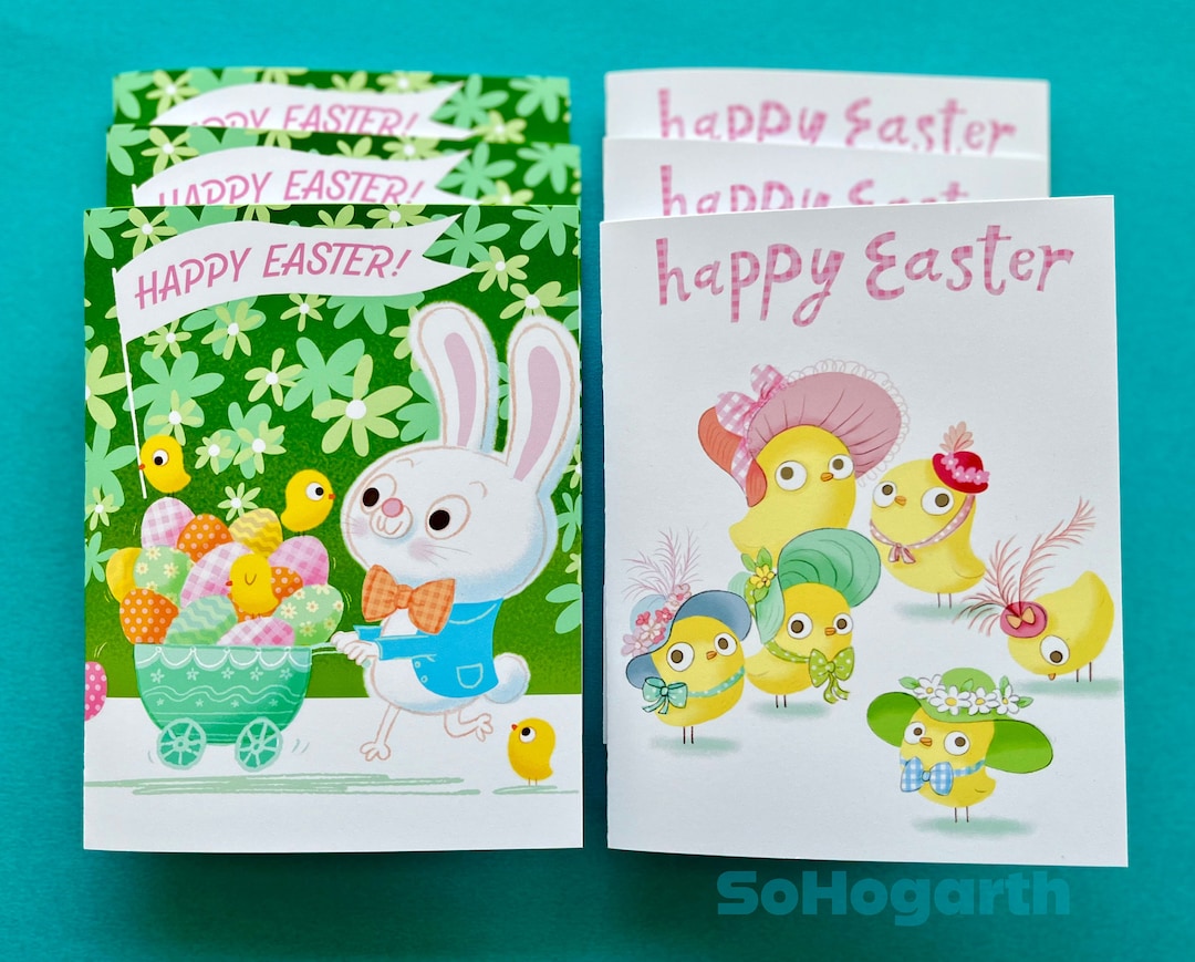 Easter Greeting Cards Bunny and Chicks in Bonnets, Blank Inside. Two ...