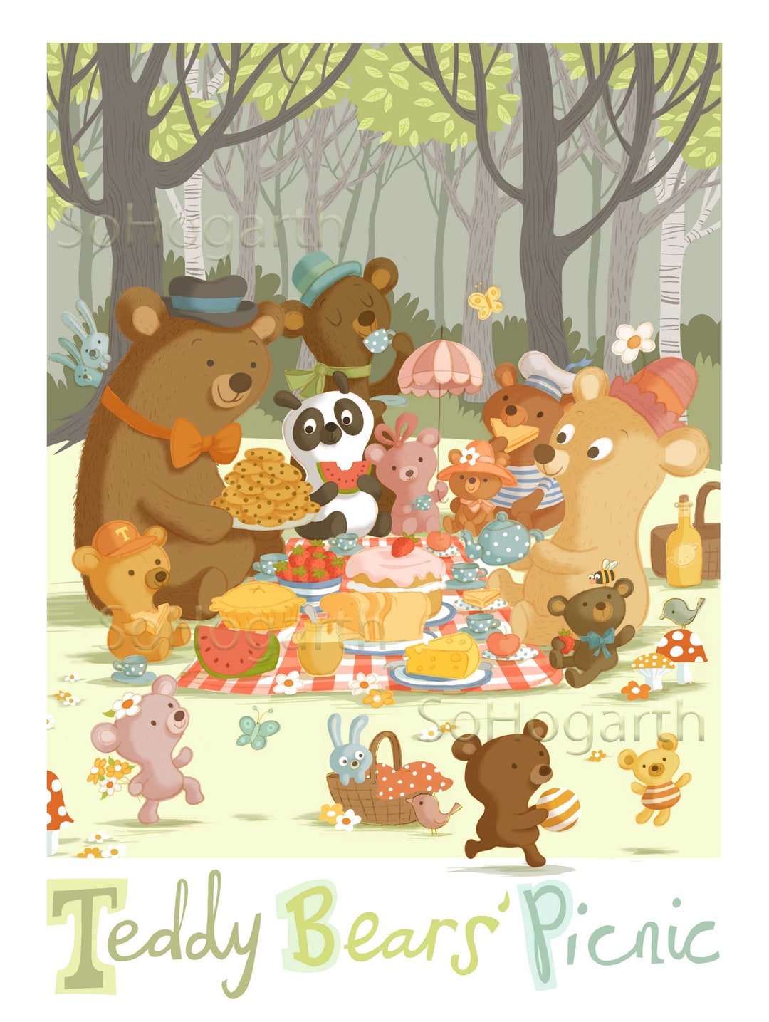 Teddy Bears' Picnic Nursery Rhyme Picture. Child's Room Matte Paper Art ...