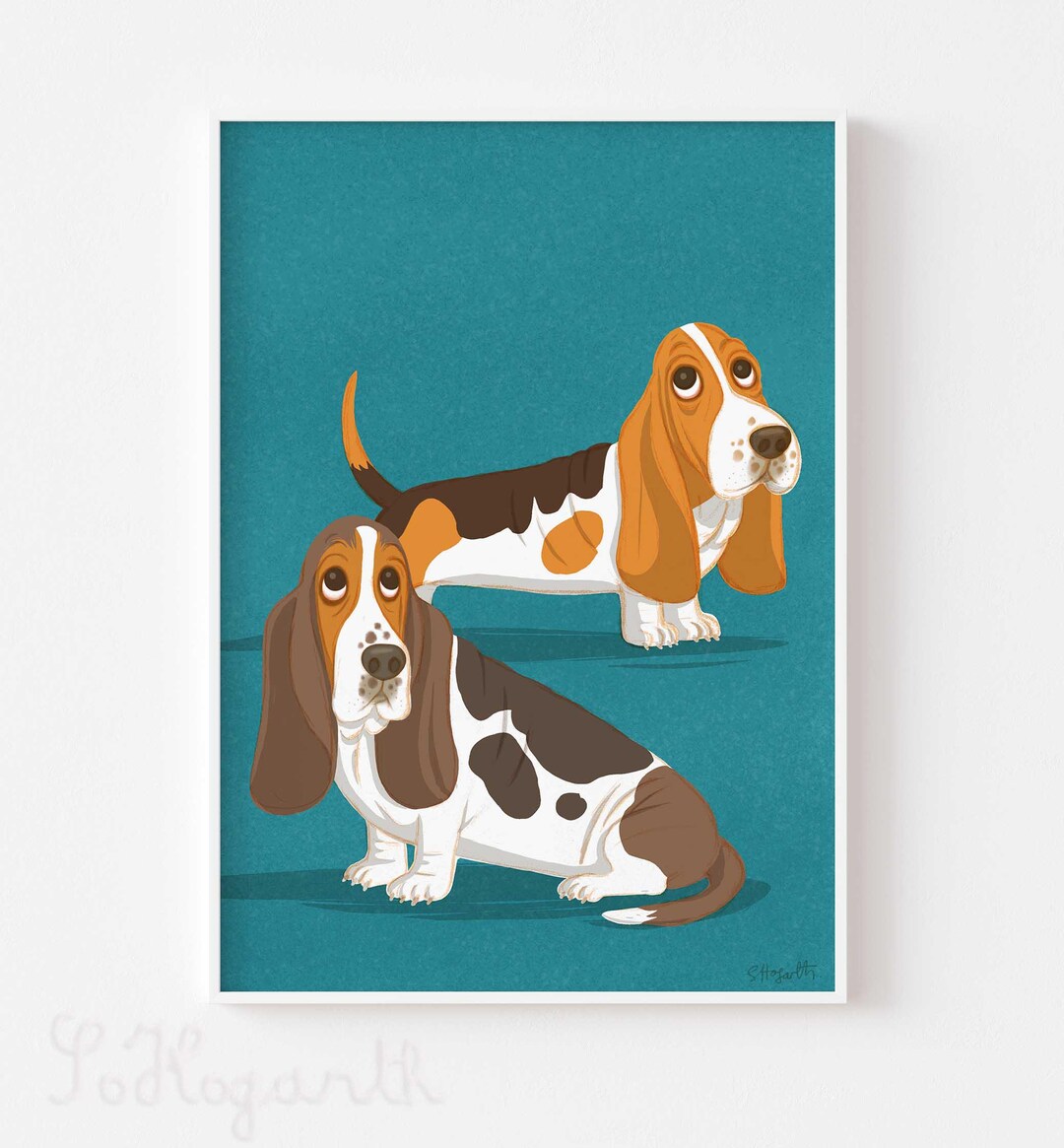 Basset Hound Pair. Matte Paper Dog Illustration Portrait Wall Art ...