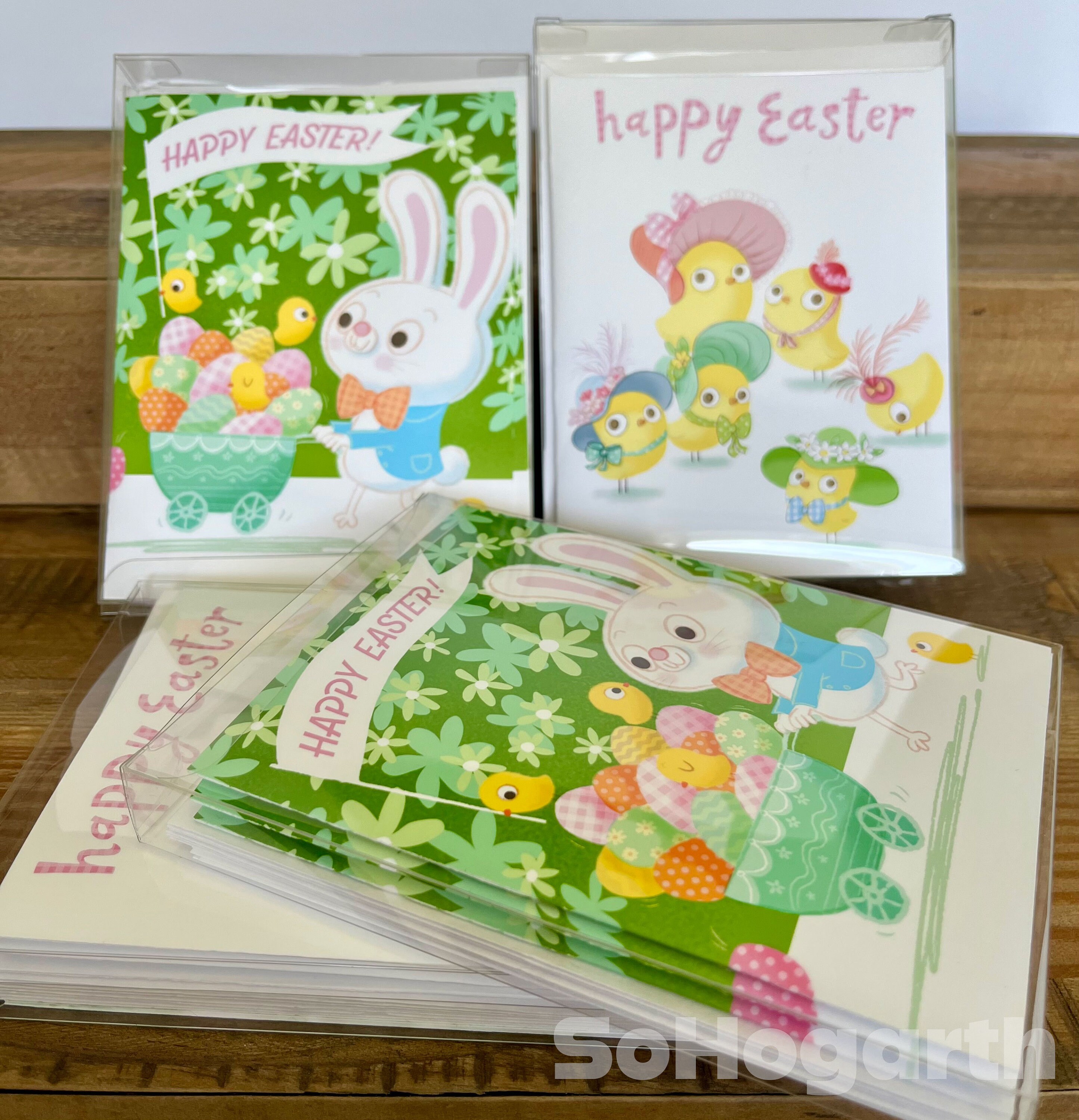 Easter Greeting Cards Bunny and Chicks in Bonnets, Blank Inside. Two ...