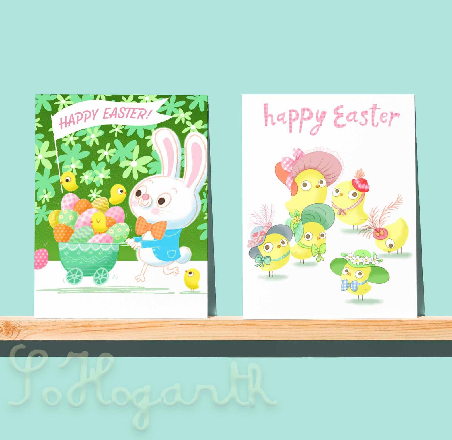Easter Greeting Cards Bunny and Chicks in Bonnets, Blank Inside. Two ...