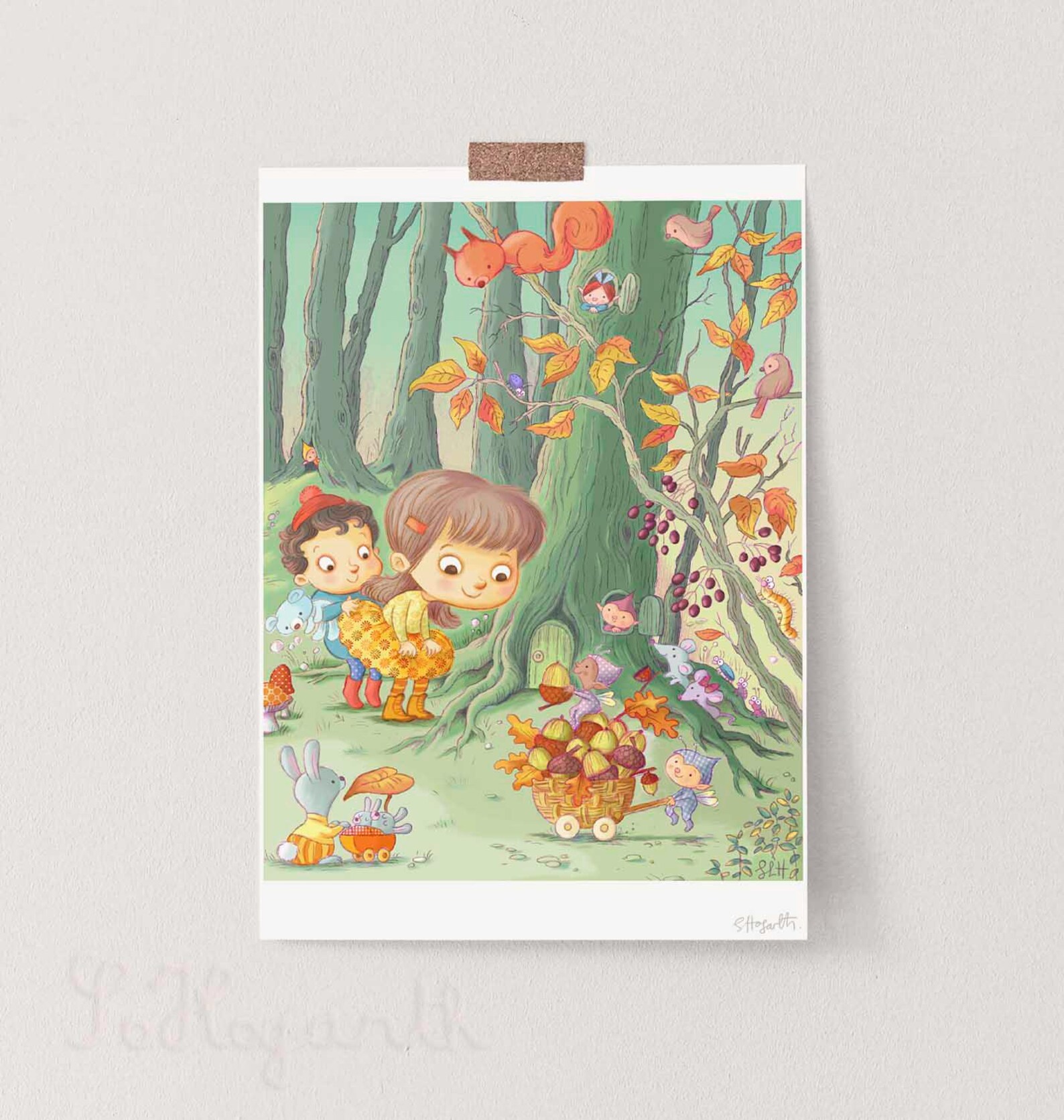 Woodland Fairy Folk Acorn Cart Illustration. Child's Bedroom Baby ...