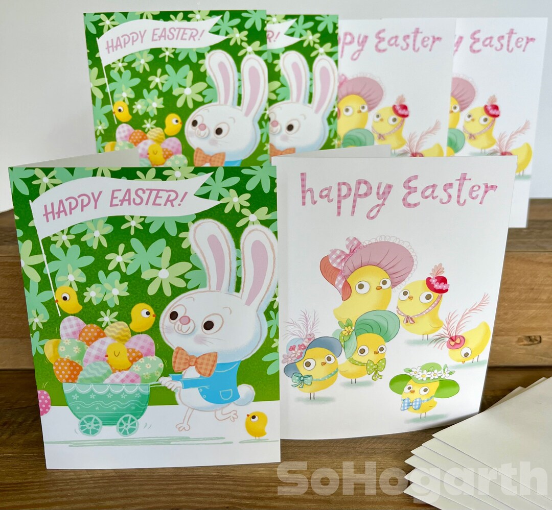 Easter Greeting Cards Bunny and Chicks in Bonnets, Blank Inside. Two ...