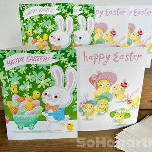 Easter Greeting Cards Bunny and Chicks in Bonnets, Blank Inside. Two ...