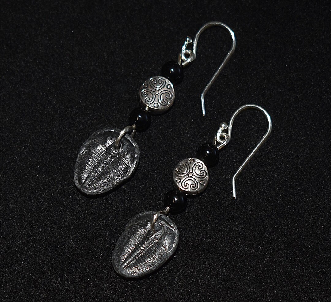 Trilobite Earrings With Black and Silver Colored Accent Beads - Etsy