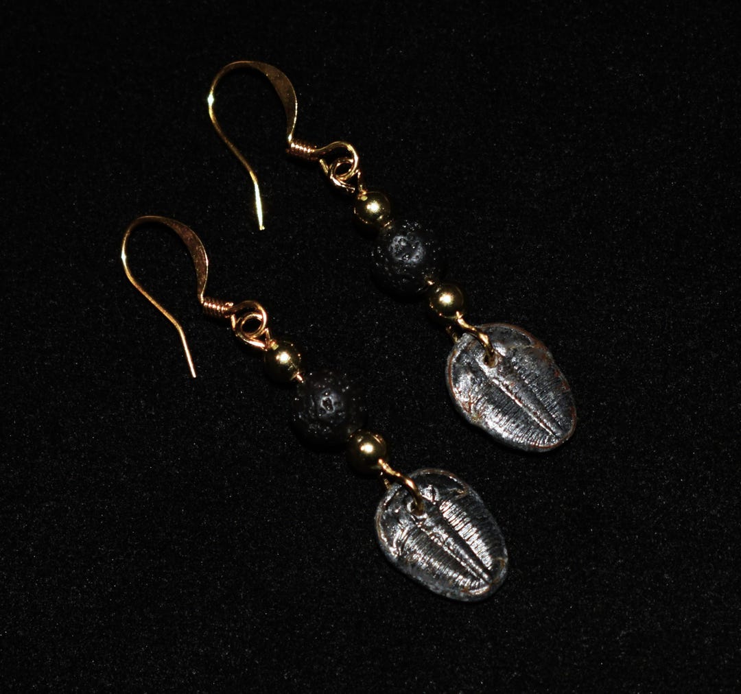 Trilobite Earrings With Gold/black Colored Accent Beads - Etsy