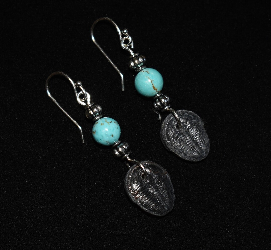 Trilobite Earrings With Turquoise Colored Accent Beads - Etsy