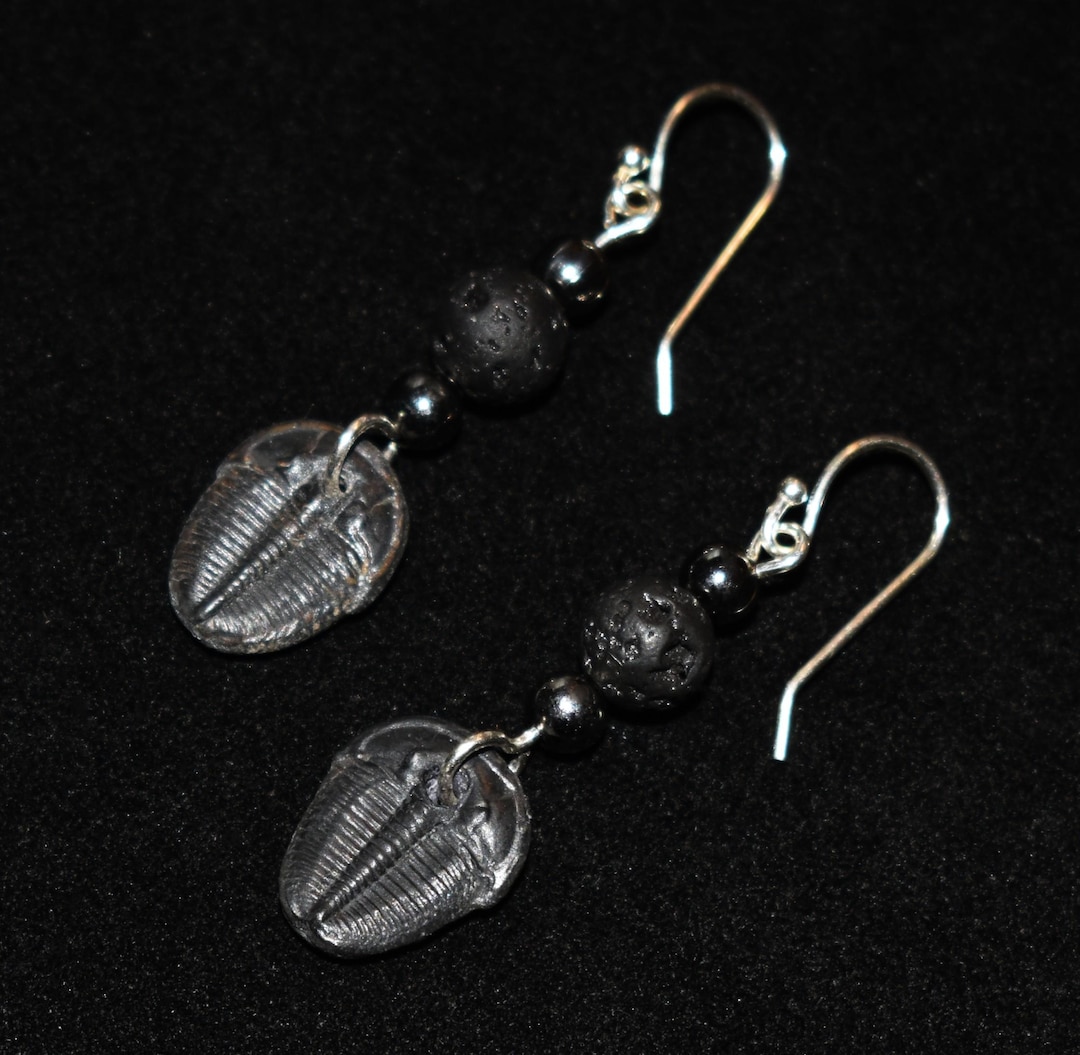 Trilobite Earrings With Black and Silver Colored Accent Beads - Etsy