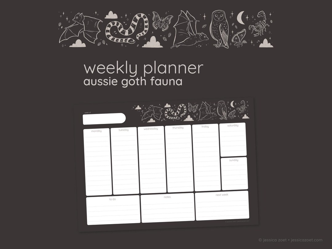 Aussie Goth Fauna Weekly Planner (digital Download) - Etsy