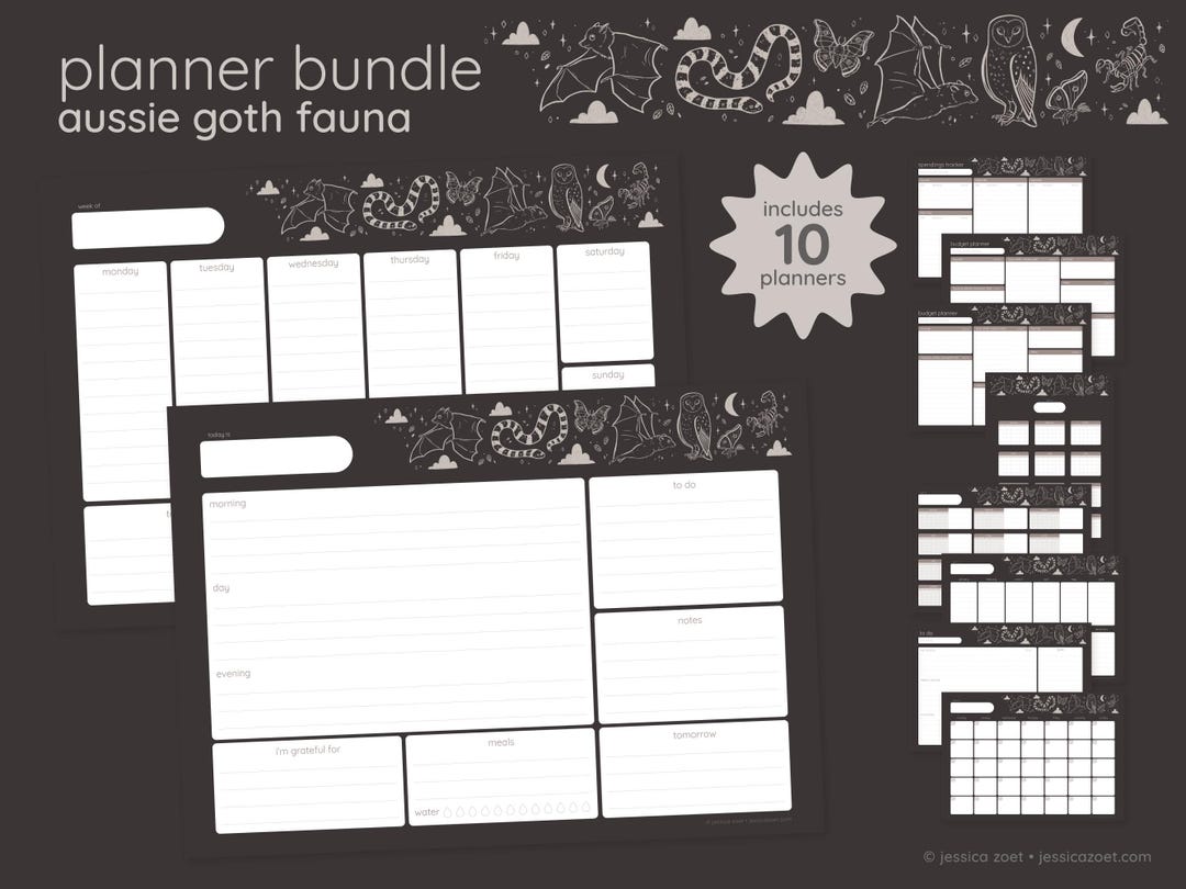 Aussie Goth Fauna Theme Planner Bundle - 10 Planners Including Daily ...