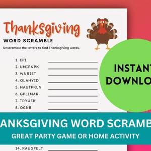 Thanksgiving Word Scramble - Instant Download Activity Homeschool Party ...