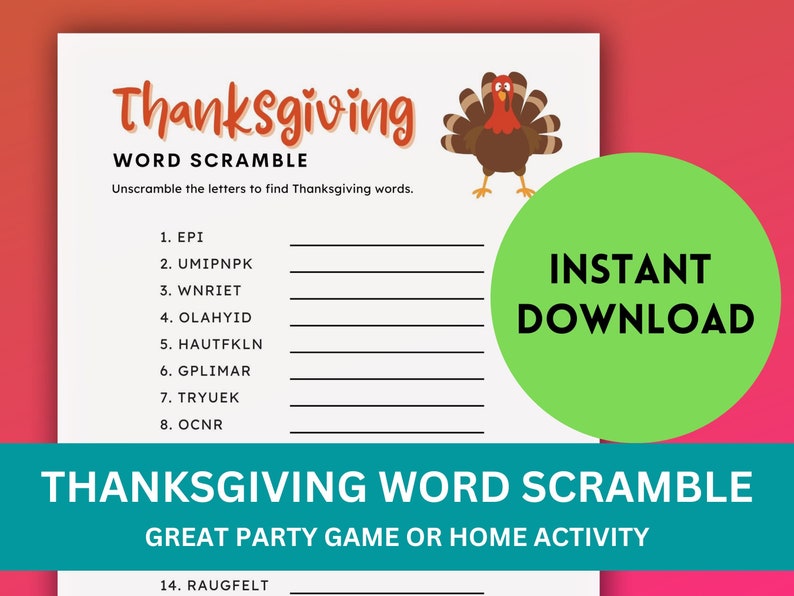 Thanksgiving Word Scramble - Instant Download Activity Homeschool Party ...
