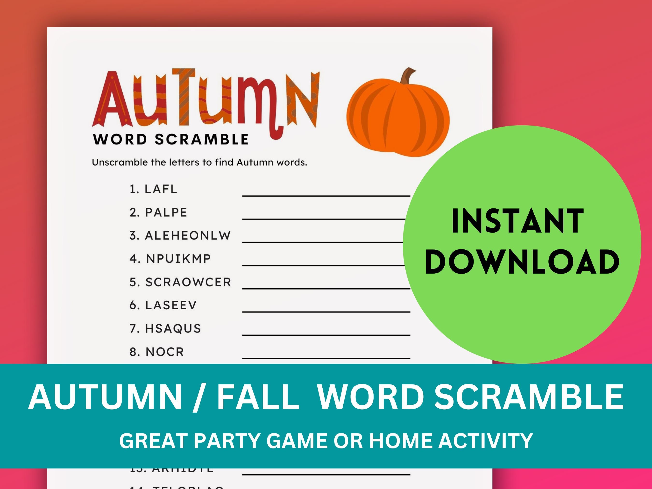 Autumn Fall Word Scramble - Instant Download Activity Homeschool Party ...