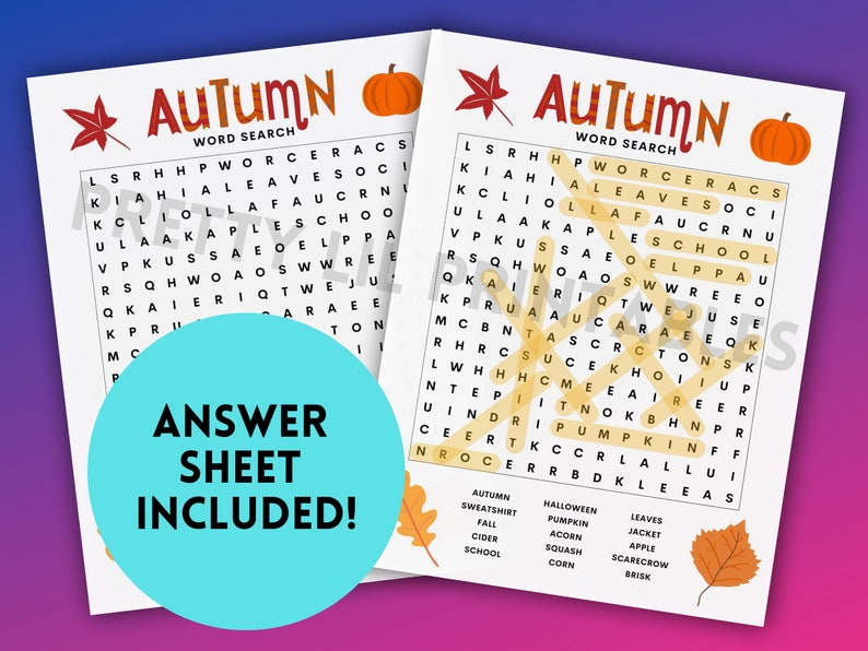 Autumn Fall Word Search - Instant Download - Printable Activity - Etsy