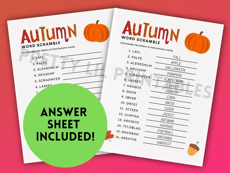 Autumn Fall Word Scramble - Instant Download Activity Homeschool Party ...