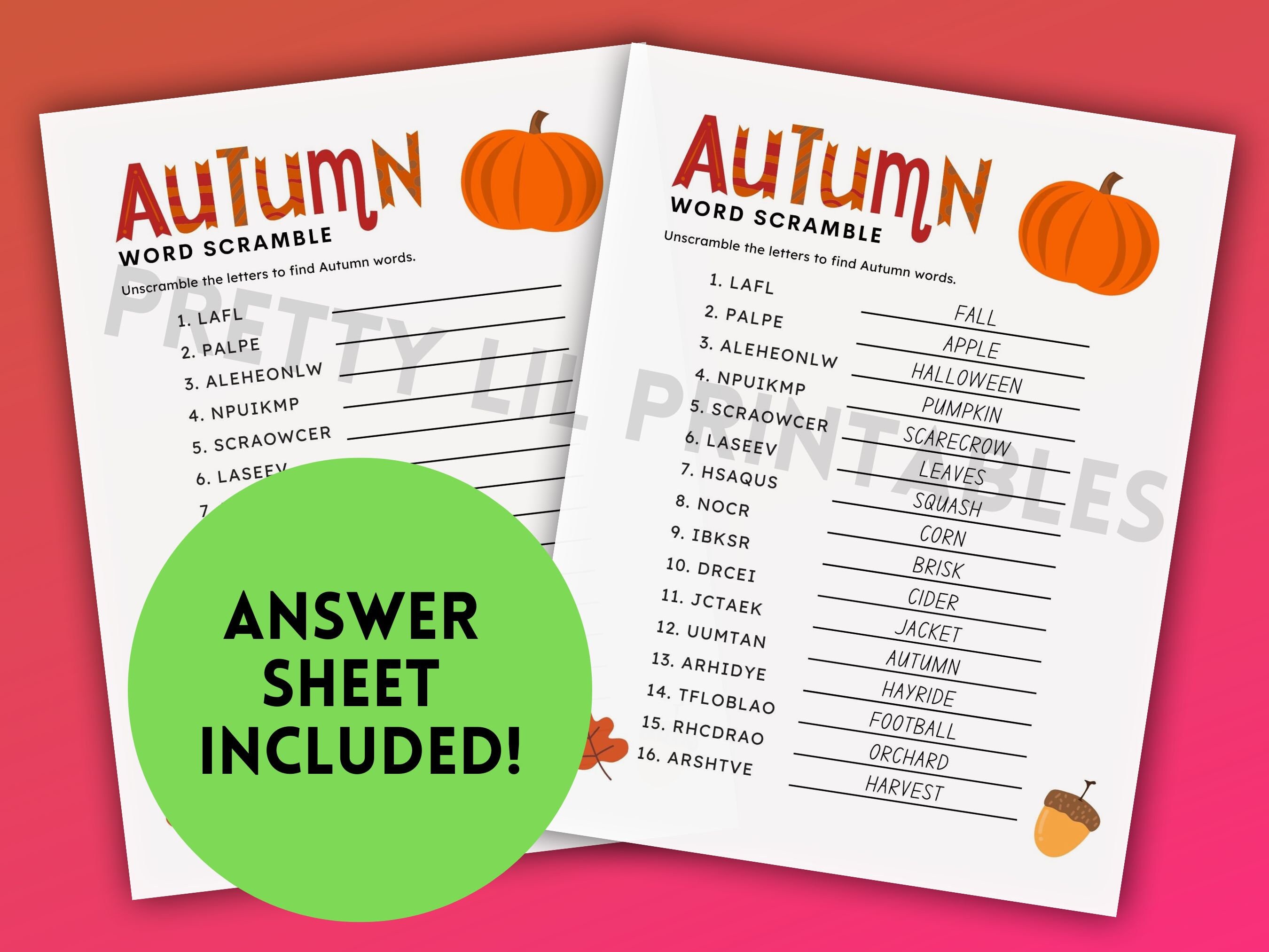 Autumn Fall Word Scramble - Instant Download Activity Homeschool Party ...