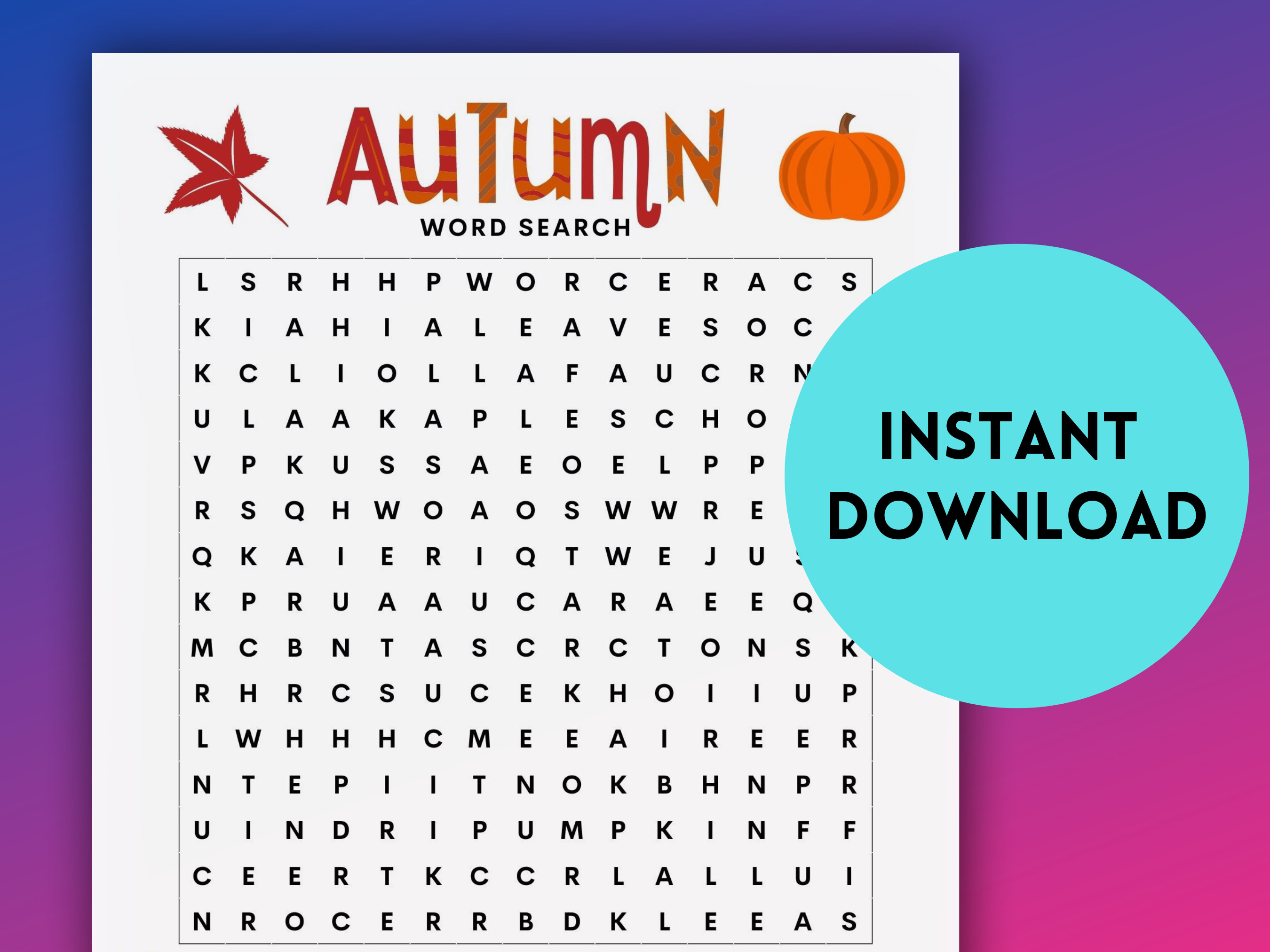 Autumn Fall Word Search - Instant Download - Printable Activity - Etsy