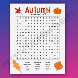 Autumn Fall Word Search - Instant Download - Printable Activity - Etsy