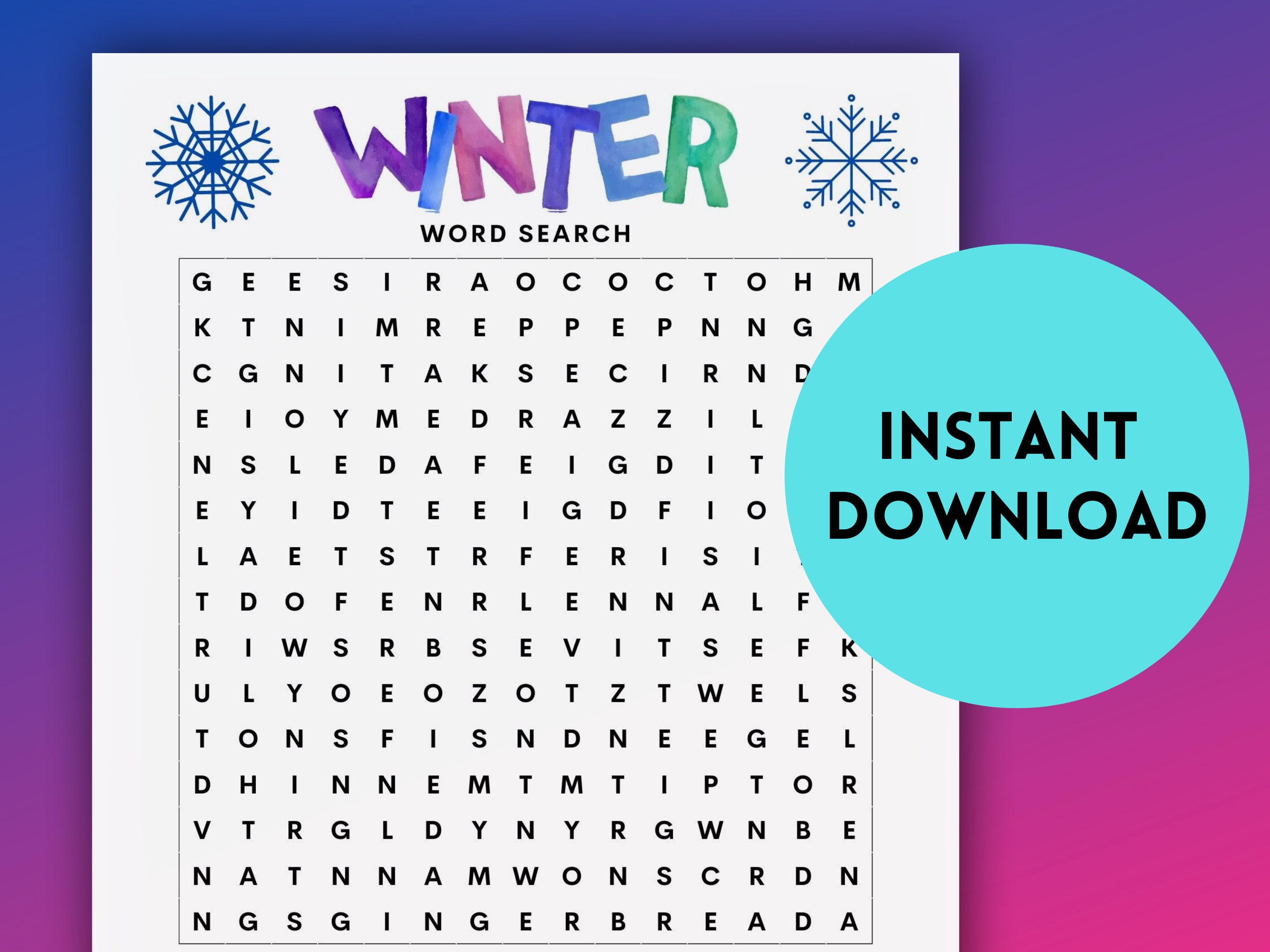 Winter Holidays Word Search - Instant Download - Printable Activity - Etsy