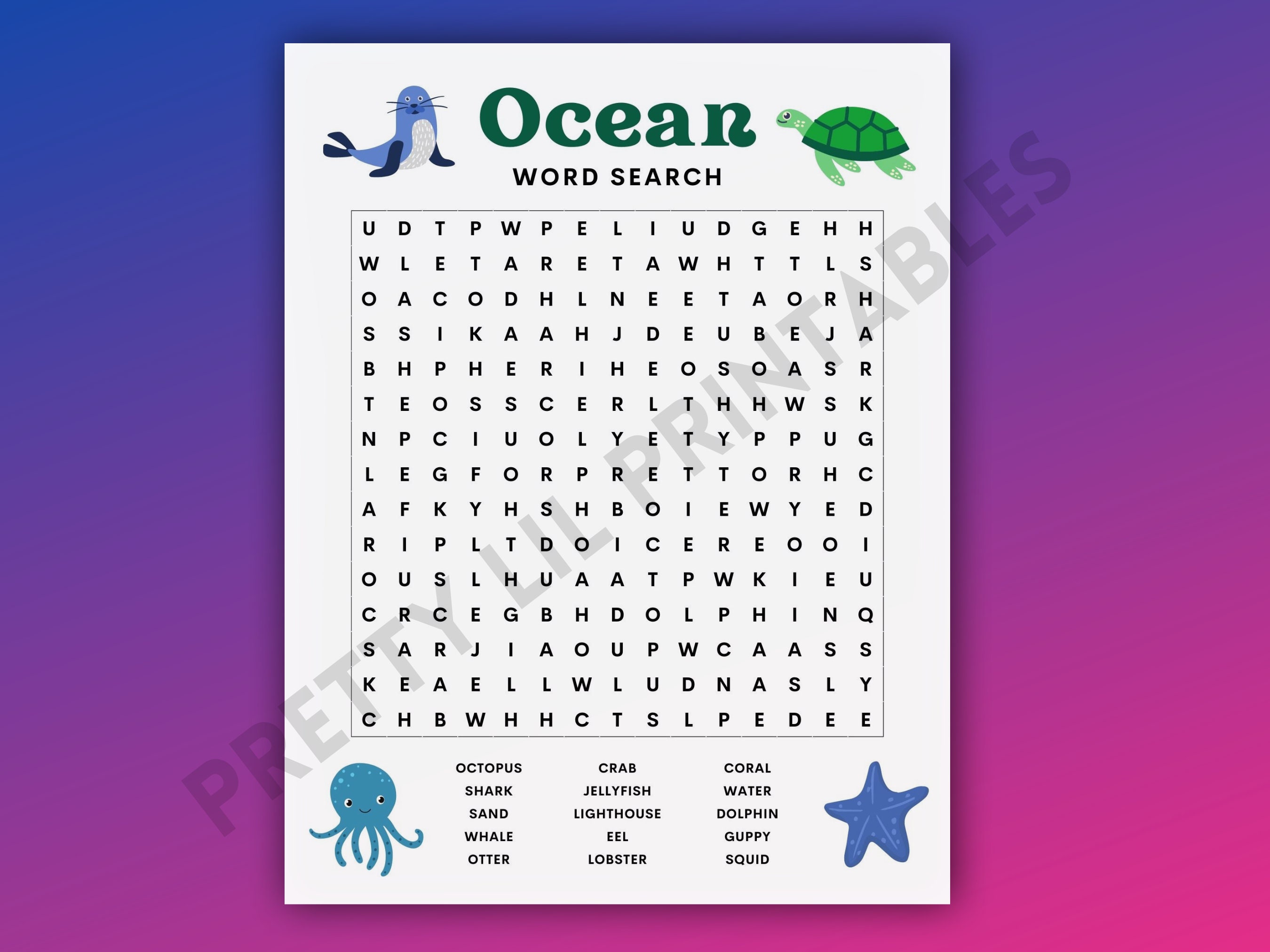 Ocean Under the Sea Word Search - Instant Download - Printable Activity ...