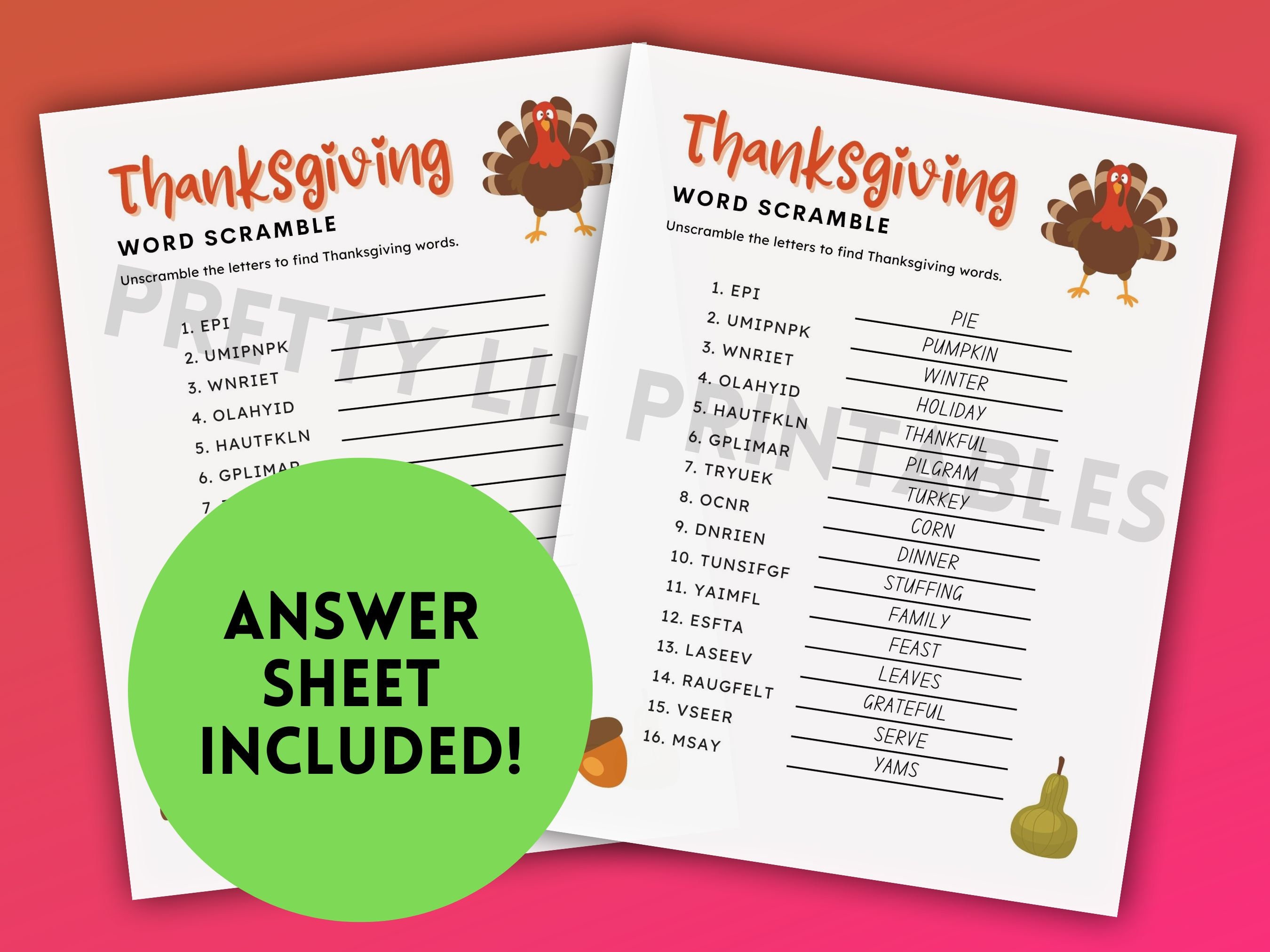 Thanksgiving Word Scramble - Instant Download Activity Homeschool Party ...