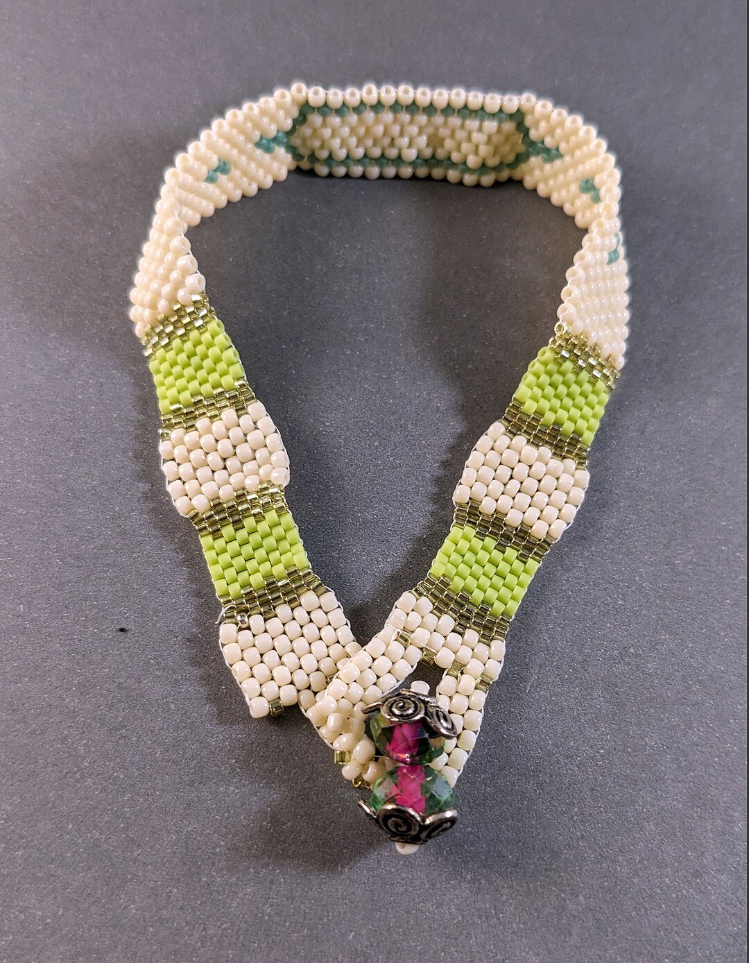 Handmade Peyote Delica Apple Green and Cream Bracelet With Crystal ...