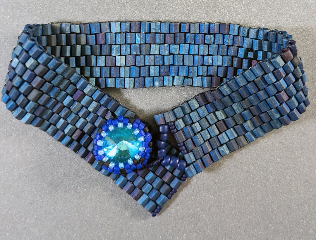 Handmade Blue Peyote Bracelet With Hexagonal Beads and Swarovski Beaded ...