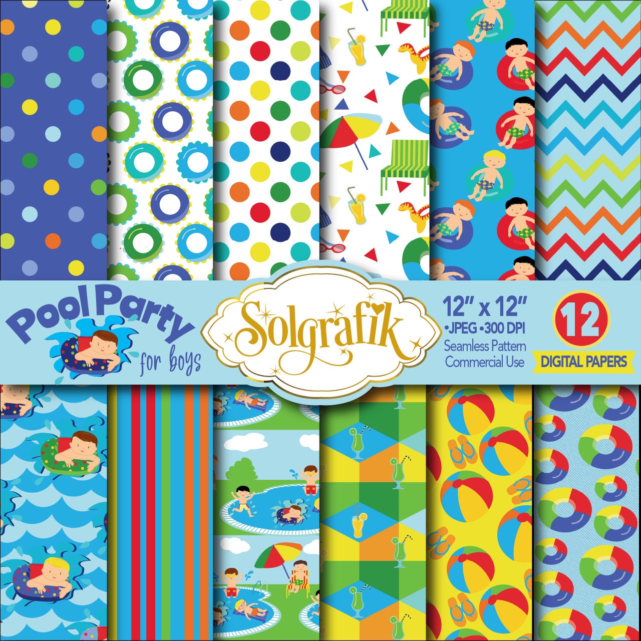 Boys Pool Party Digital Paper Pack, Pool Party Background,summer ...