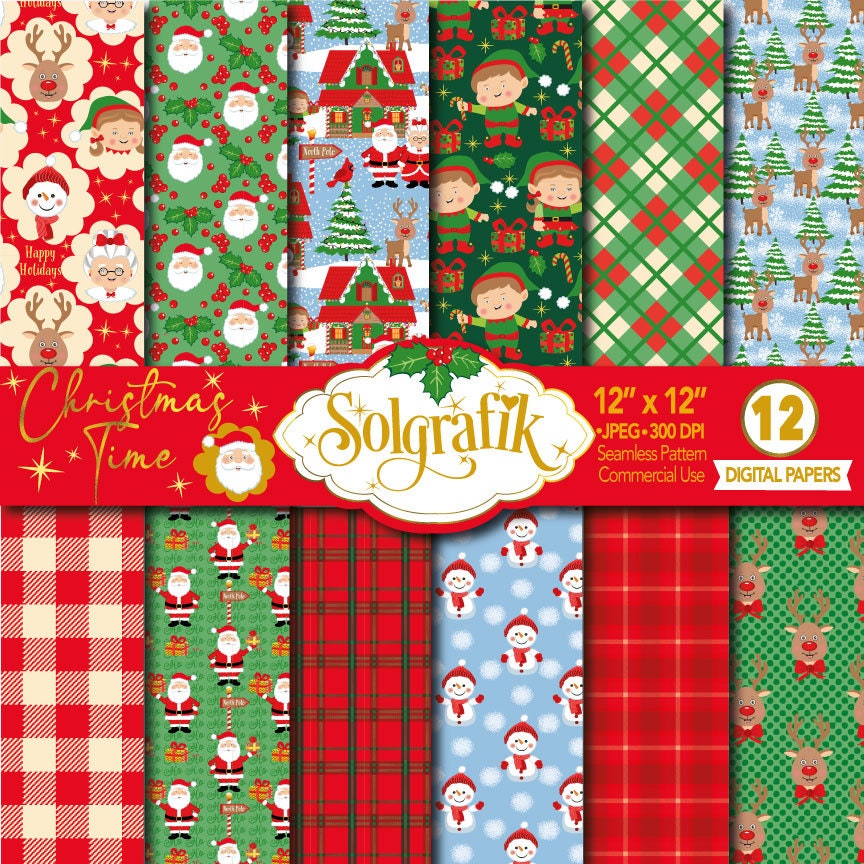 Christmas Time Digital Papers, Mrs Claus, Elves, Snowman,santa Papers ...