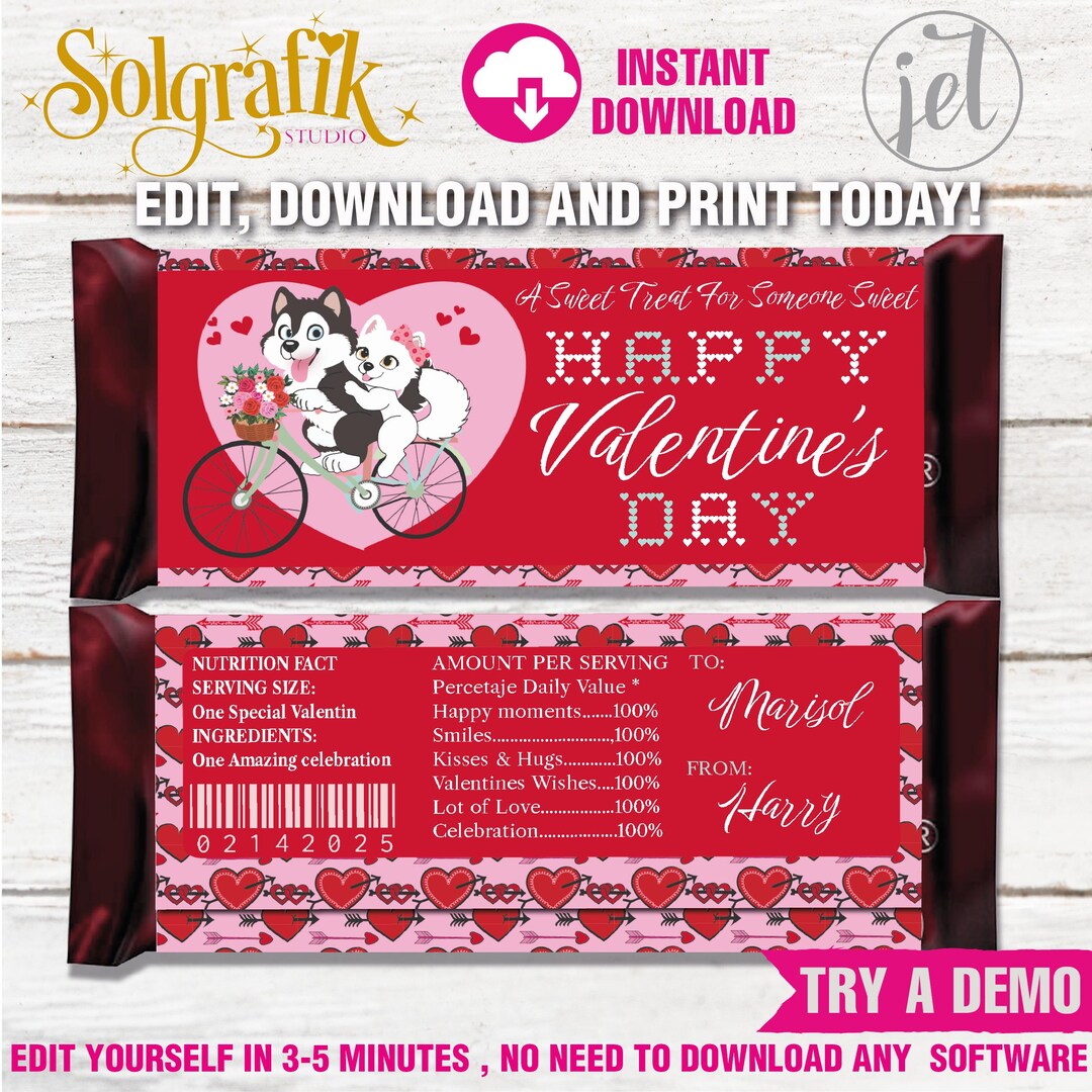 Huskies Valentine's Day Candy Bar Wrapper Printable Valentine Candy Bar ...