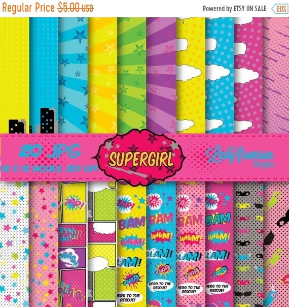 SALE Supergirl Digital Paper Pack Comic Book Pages,Action Words,Comic ...