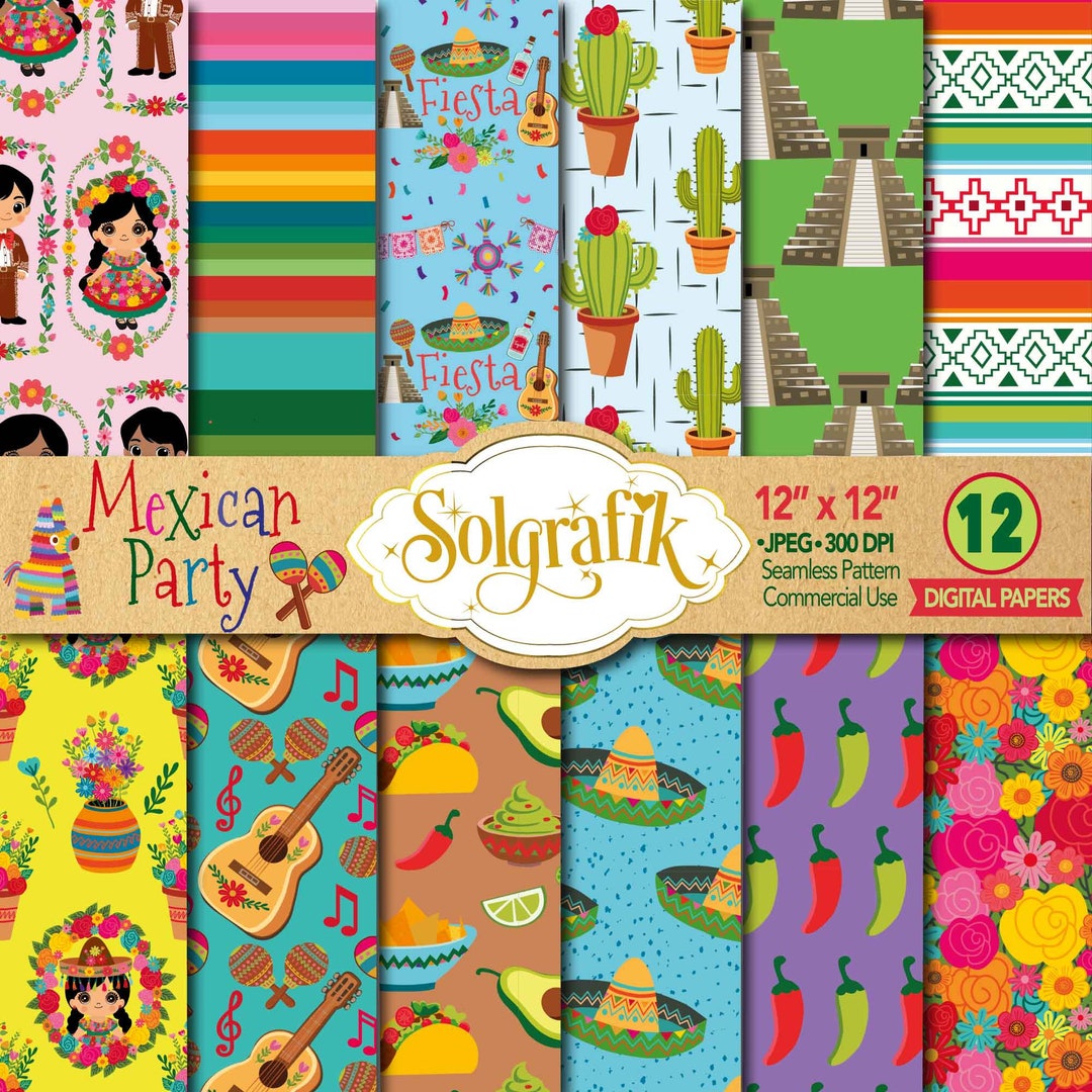 Mexican Party Digital Paper, Fiesta Mexicana, Flores, Maraca, 5 De Mayo ...
