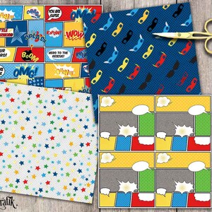 Superhero Digital Paper Pack Comic Book Pages,action Words,comic Sound ...