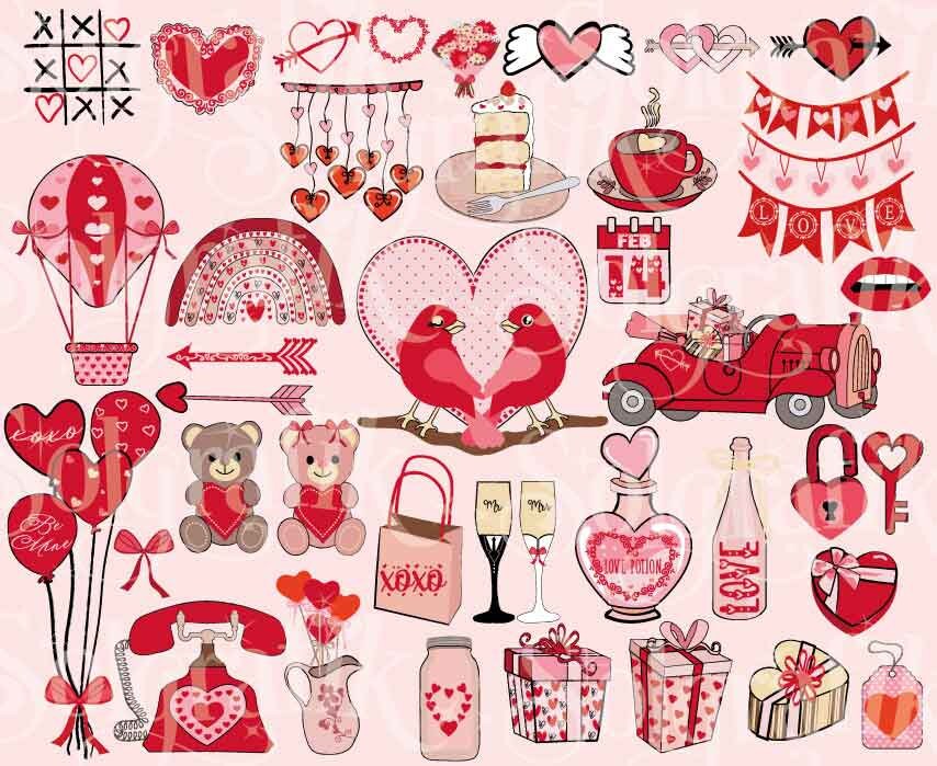 Valentine's Day Clipart Bundle: Birds Inlove, Hearts, Love Doodles,pink ...