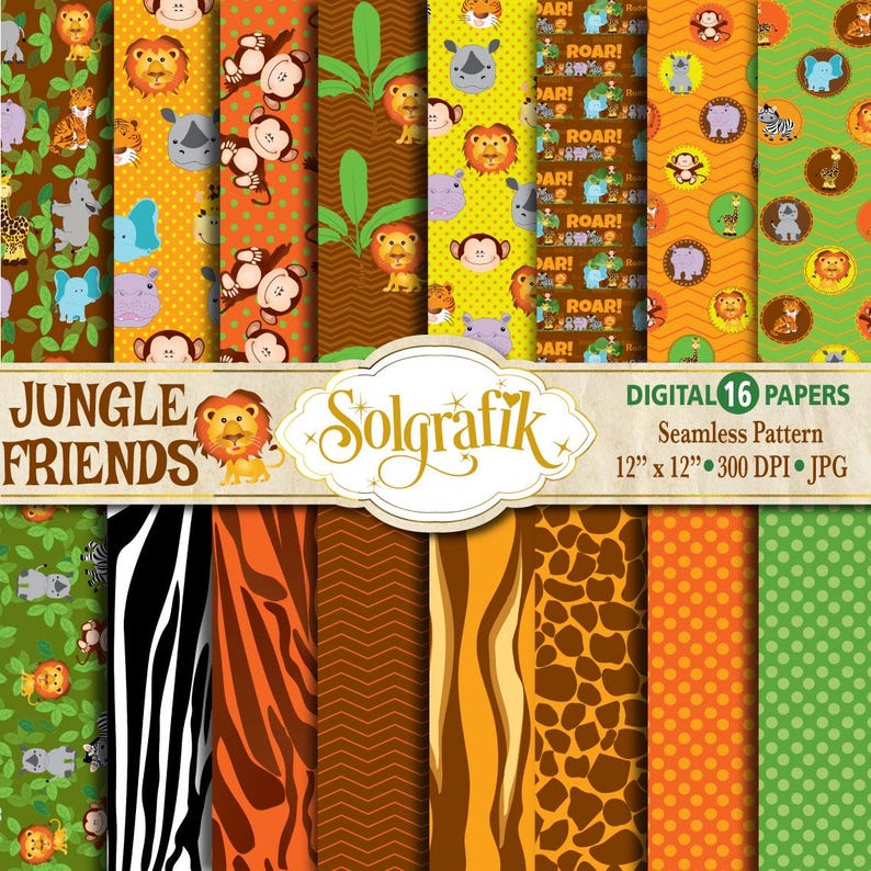 Jungle Friends Digital Papers, Safari Jungle Animal Digital ...