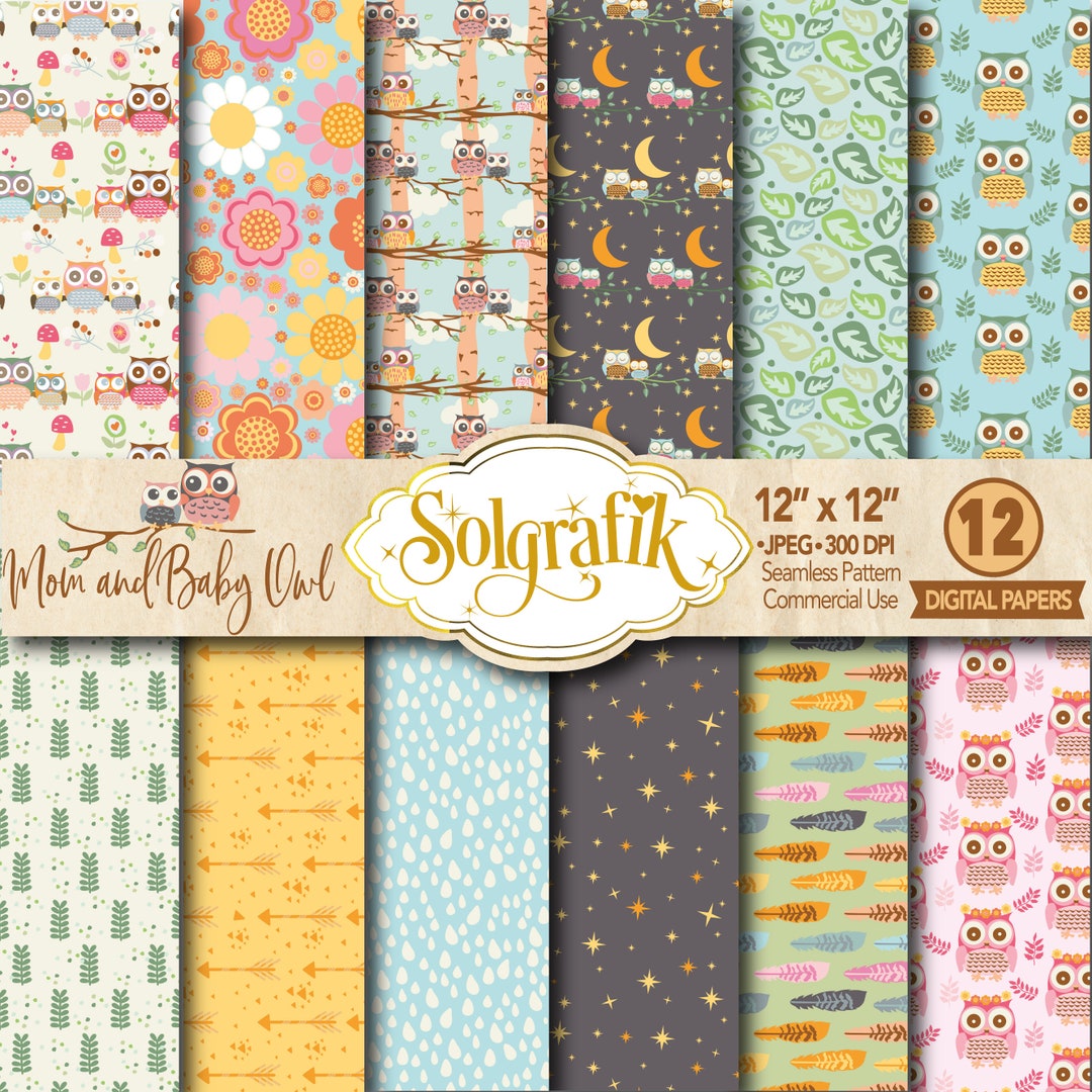 Mom and Baby Owl Digital Papers , Flowers, Baby Boy, Baby Girl, Pink ...