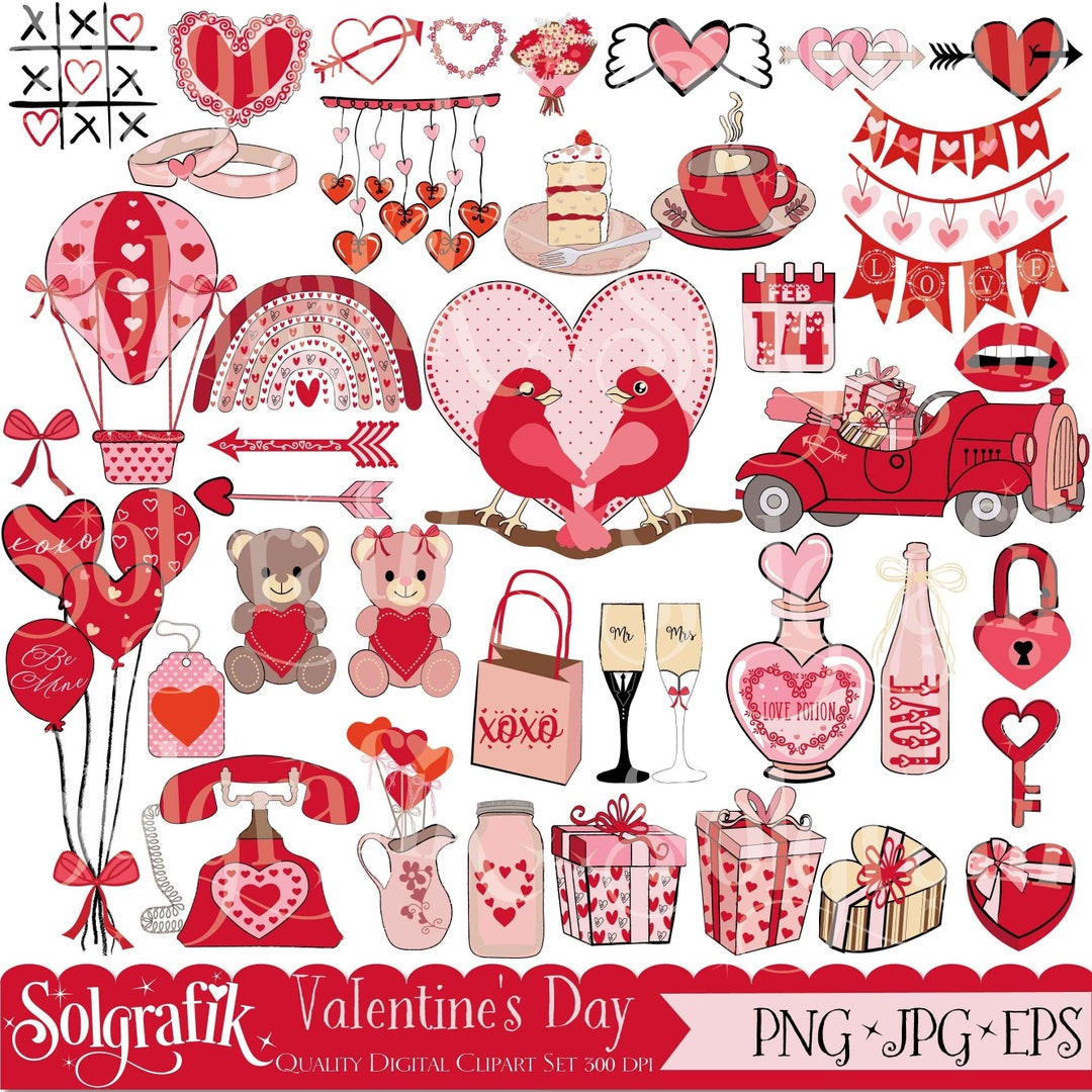 Valentine's Day Clipart Bundle: Birds Inlove, Hearts, Love Doodles,pink ...