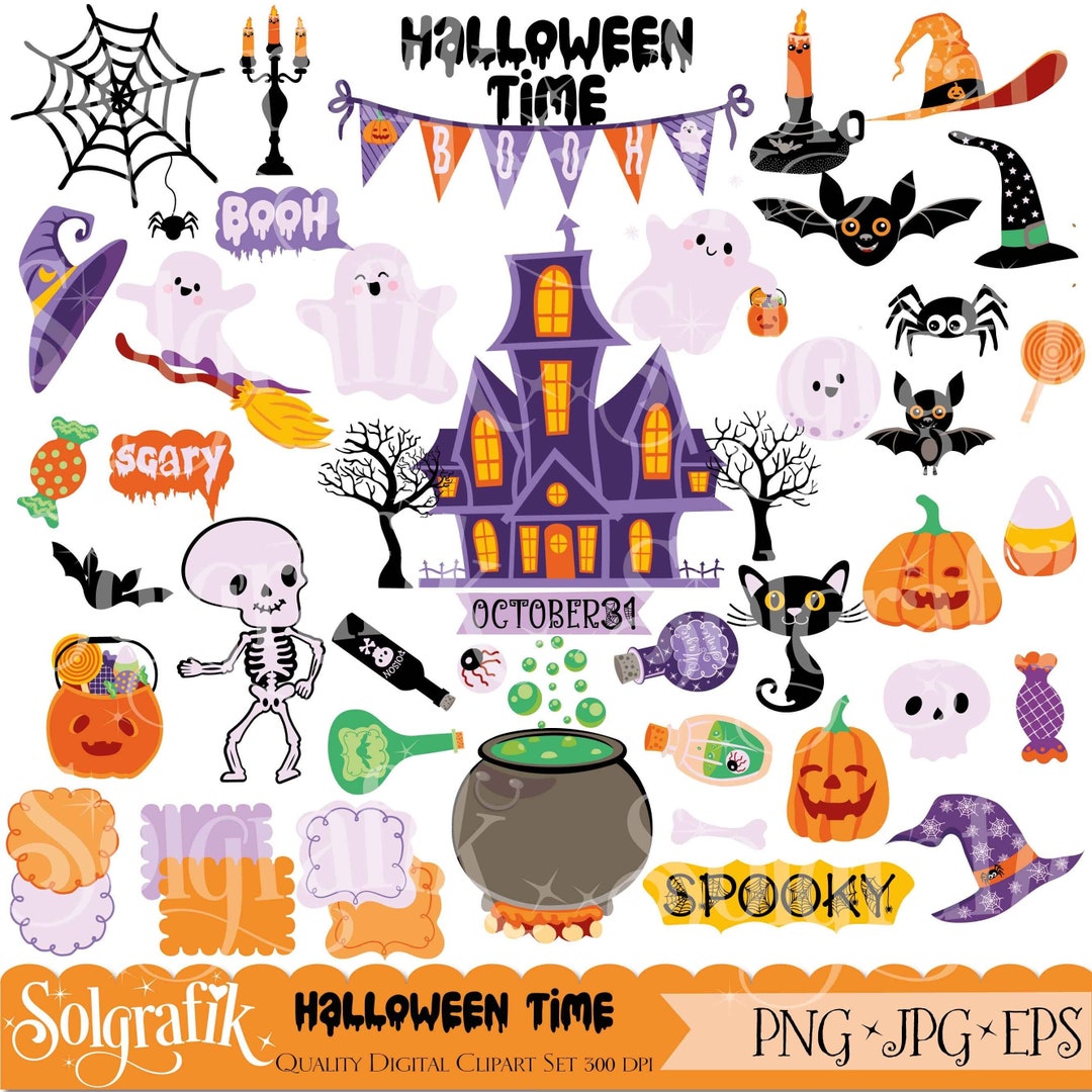 Halloween Time Clipart, Cute Ghost, Frame, Black Cat, Skull, Bone ...