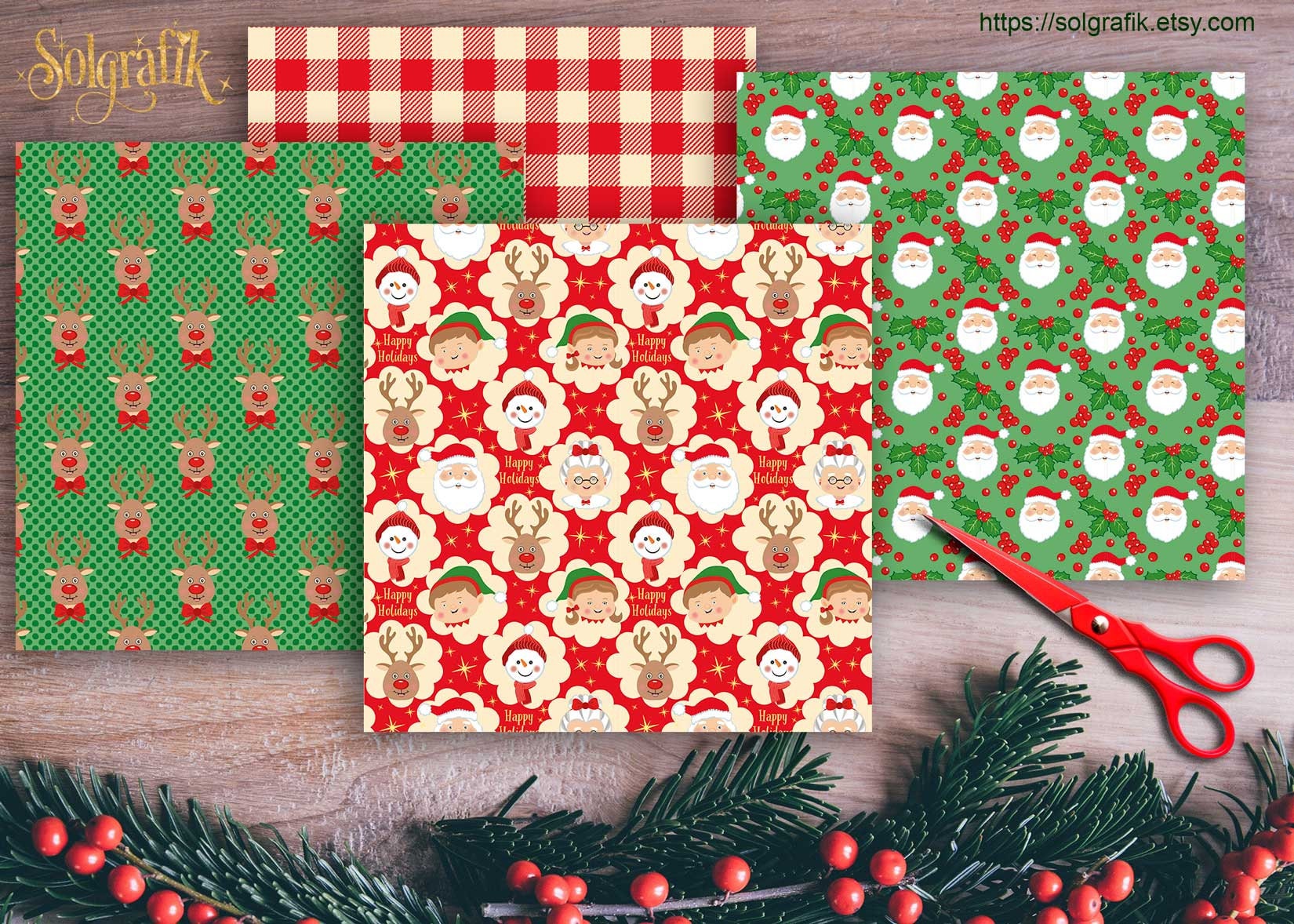 Christmas Time Digital Papers, Mrs Claus, Elves, Snowman,santa Papers ...