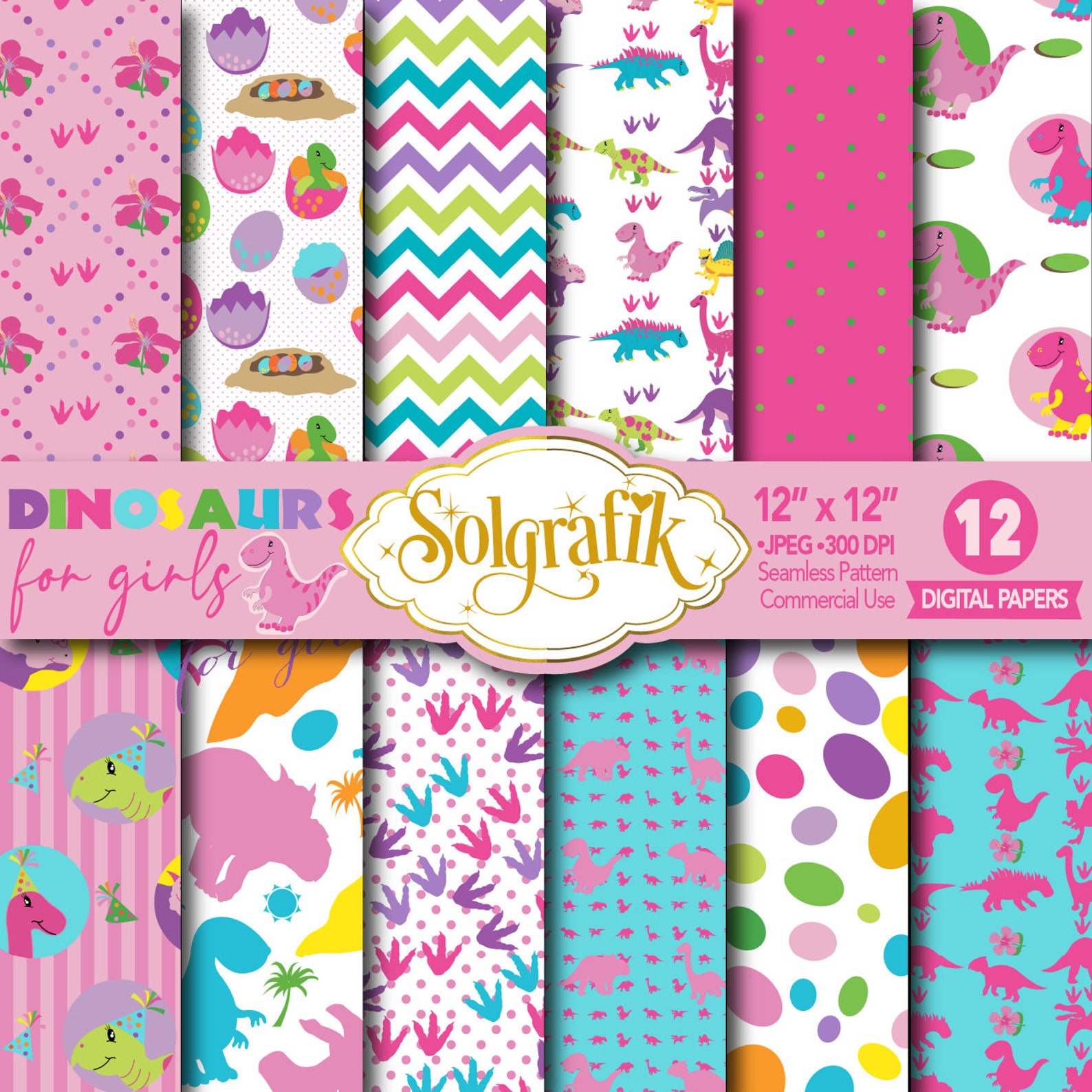 Dinosaurs for Girls,digital Paper Pack, Dinosaur Background, Girl ...