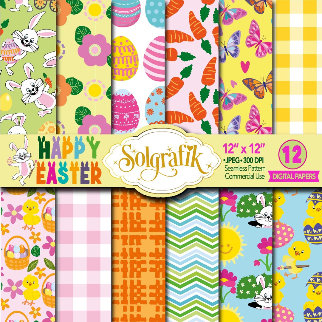 Happy Easter Digital Paper, Easter Bunny, Easter Chick, Easter Eggs ...