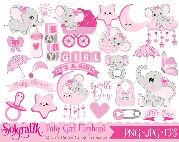 Baby girl elephant clipart, pink elephant Clipart, newborn elephant ...