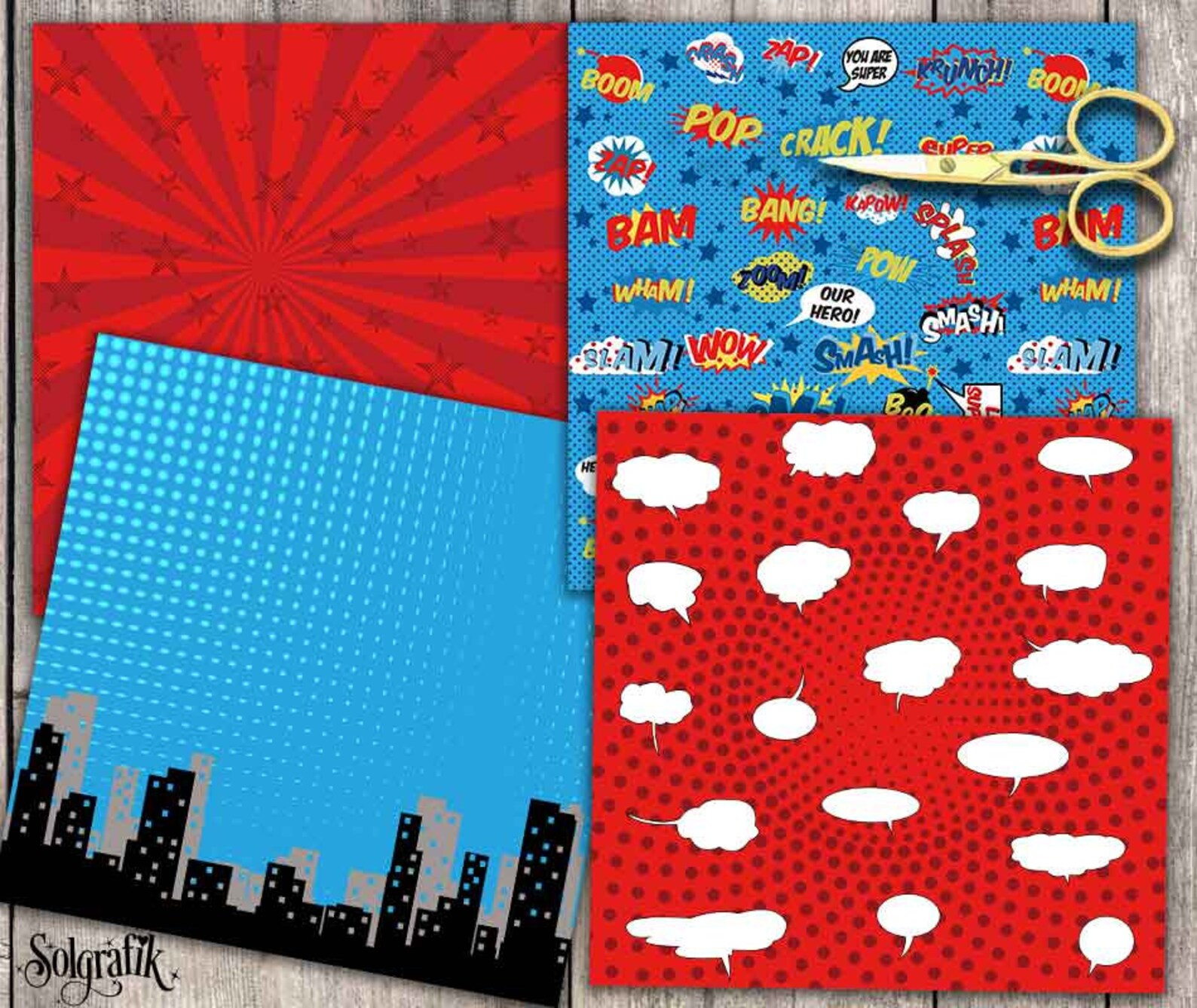 Superhero Digital Paper Pack Comic Book Pages,action Words,comic Sound ...