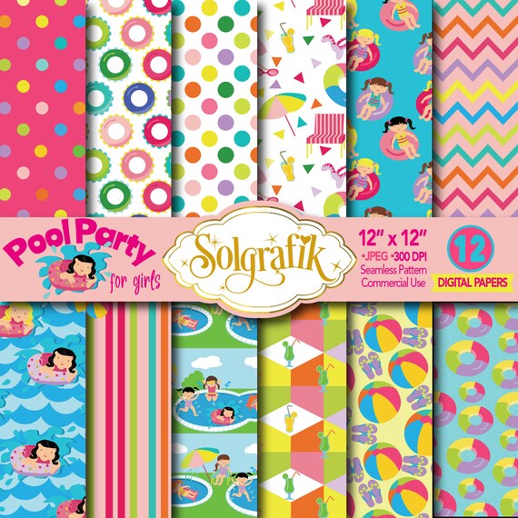 Girls Pool party digital paper pack, pool party background,Summer, pool ...