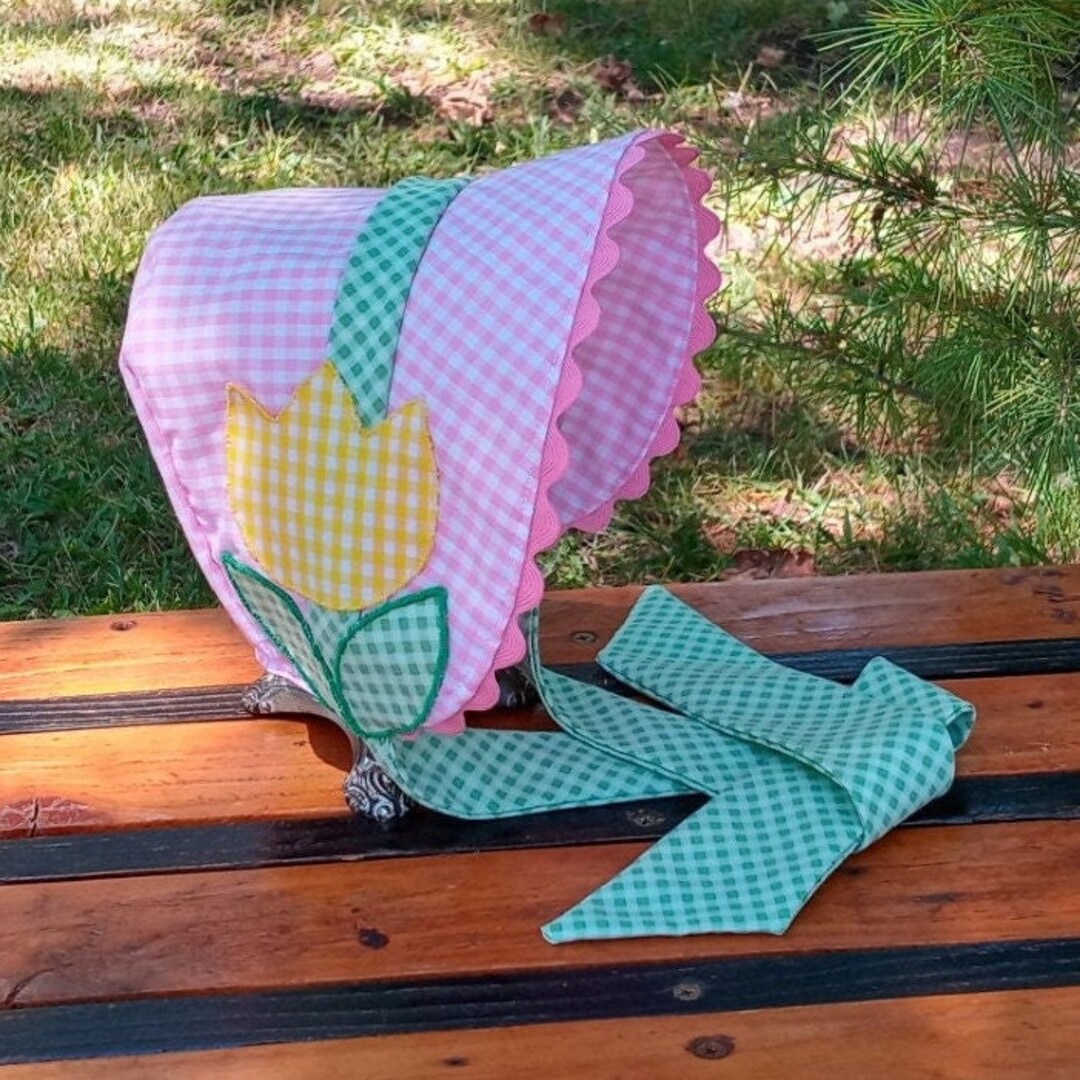 Baby Sun Bonnet/ Appliqued Tulip and Leaves/ Three Gingham Checks/vintage Style - Etsy