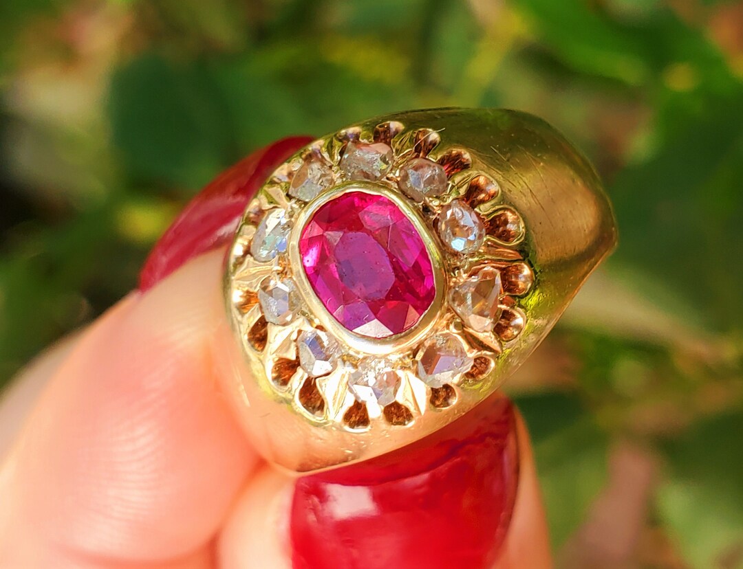 Victorian Ruby Rose Cut Diamond 12K Unisex Statement Ring Antique - Etsy