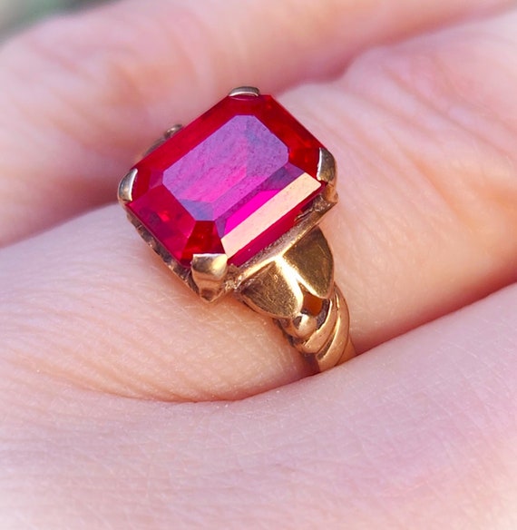1930s Emerald Cut Lab Ruby Solitaire 10K! Vintage Est… - Gem