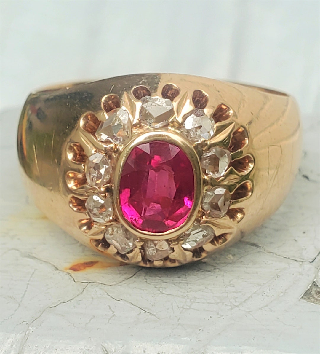 Victorian Ruby Rose Cut Diamond 12K Unisex Statement Ring - Etsy