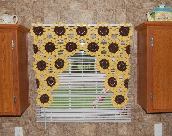 Sunflower Window Valance - Sunflower Curtain - Crochet Flower Kitchen ...