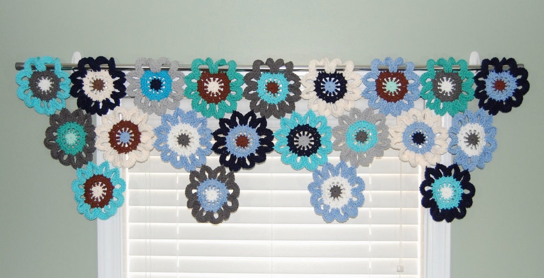 Crochet Flower Window Valance - Nautical Window Valance - Nautical Blue ...